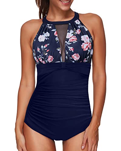 Mesh Halter High Neck Tummy Control One Piece Swimsuit For Women-Navy ...