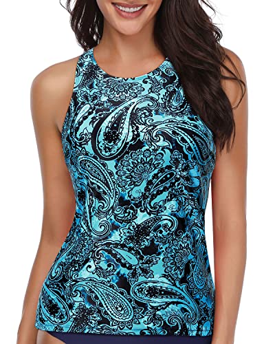 Deep Open Back High Neck Tankini Top With Padded Push Up Bra-Blue Pais ...