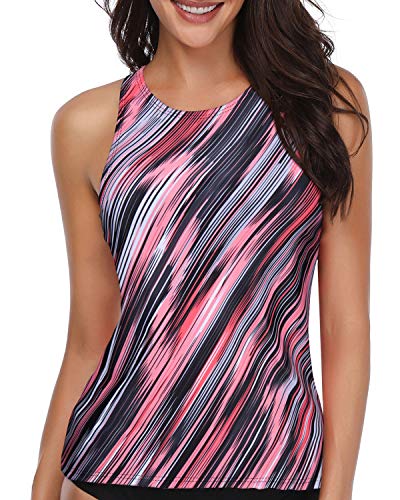 Deep Open Back Tankini Swimsuit Top Tummy Control-Pink Stripe – Holipick